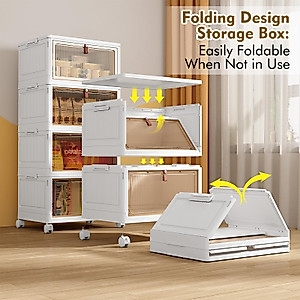 4 Tier Plastic Storage Bins with Lids 28QT, Stackable Storage Containers with Wheels, Folding Storage Boxes, Collapsible Storage Bins, Closet Organizers and Storage for Living Room,Office,Dorm
