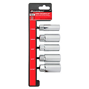 Powerbuilt 3/8-Inch Drive Spark Plug Socket Set, 6 Point, Deep Thin Wall, 5 Piece Metric and SAE - 640855, Grey