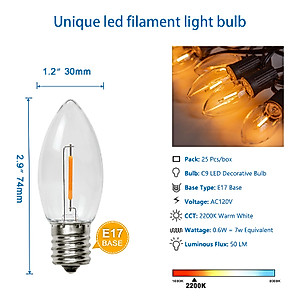 25 PACK C9 LED Christmas Light Bulb, C9 LED Replacement Bulb for Christmas String Lights, E17 Intermediate Base, 2200K Warm White, Commercial Grade Holiday Clear ‎Plastic Bulbs Dimmable Shatterproof