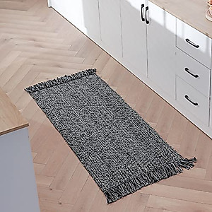 Boho Kitchen Runner Rug 2x4.3, 100% Cotton Hand-Woven Washable Rug with Tassels Modern Farmhouse Bathroom Rug for Bedroom Laundry Kitchen Hallway Entryway, Black