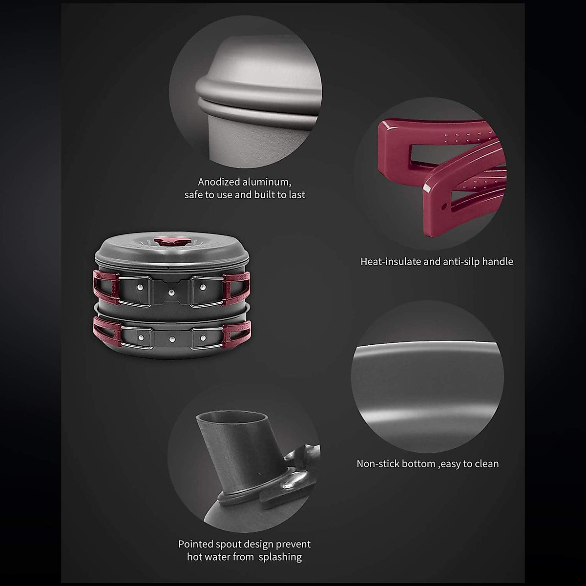 Bulin 13Pcs Camping Cookware Mess Kit, Nonstick Backpacking Cooking Set, Outdoor Cook Gear for Family Hiking, Picnic Lightweight Cookware Sets(Kettle, Pots, Frying Pan, BPA-Free Bowls, Plates, Spoon)