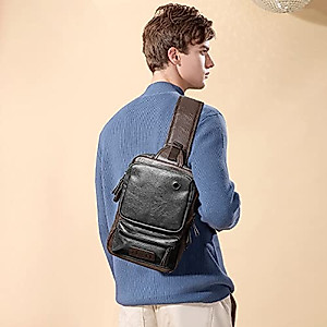 Small Black Sling Crossbody Backpack Shoulder Bag, Vintage PU Leather Casual Daypack Rucksack with USB Charger bag for Men Women