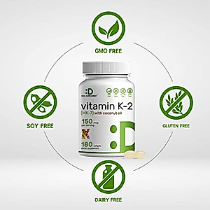 Vitamin K2 MK-7 with Virgin Coconut Oil, 180 Softgels - Vitamin K2 as Menaquinone-7 150 mcg | Advanced Vitamin K Supplement - Promotes Bone Health, Non-GMO, No Gluten