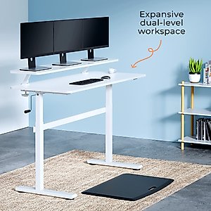Stand Steady Tranzendesk 55 Inch Standing Desk with Clamp-On Shelf | Crank Height Adjustable Stand Up Workstation with Attachable Monitor Riser | Extra Large Sit Stand Desk Hold 3 Monitors (White)