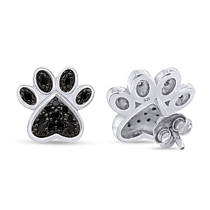 0.25 carat Black Natural Diamond Accent Paw Print Stud Earrings in 14k White Gold Over Sterling Silver