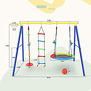 4 in 1 Outdoor Toddler Saucer Swing Set for Backyard, Playground Tree Swing Sets with Steel Frames, Climbing Rope with Disc Tree Swing Playset and Basketball Hoop for Kids