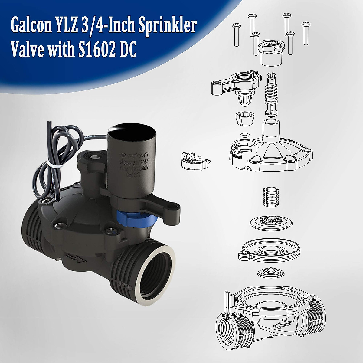 Galcon YLZ 3/4 Inch Sprinkler Valve with S1602 DC Latching Solenoid for Battery Operated Controllers with Reinforced NBR 2-Way Female Inline Hose Sprinkler Valve for Gardens, Lawns, Greenhouses.