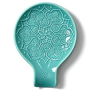 Ceramic Spoon Rest for Kitchen Counter and Stove Top - Farmhouse Style Ceramic Spoon Holder for Cooking & Counter Protection（Green）