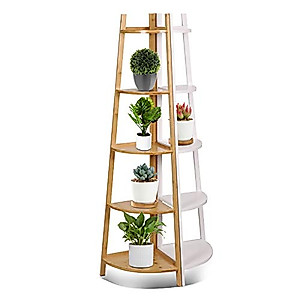 Magshion 5 Tier Bamboo Corner Storage Display Rack Shelves Kitchen Bath Plant Stand (White)