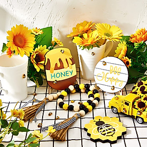 Zhanmai 35 Pieces Bee Tiered Tray Decor, Spring Summer Farmhouse Tiered Tray Decorations Sunflower Honey Bee Tier Tray Farmhouse Mini Wood Decor Bee Sign Decor for House Table Decor Birthday Party