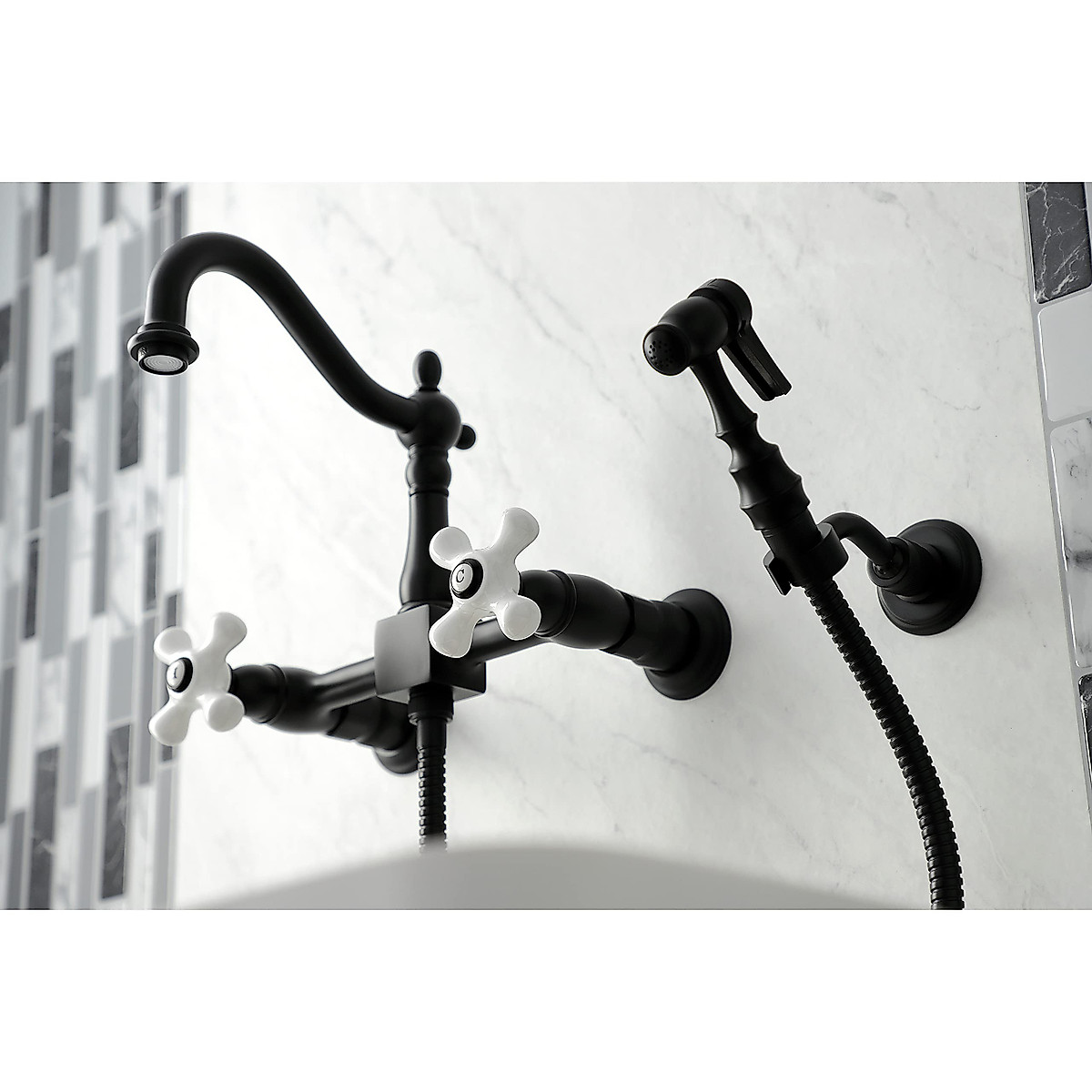 Kingston Brass KS1260PXBS Heritage Wall Mount Bridge Kitchen Faucet Sprayer, Polished Brass