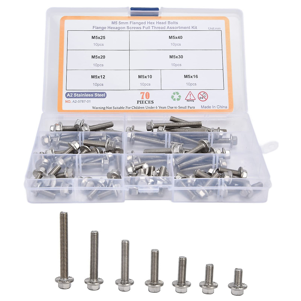 Fafeicy 70Pcs M5 Bolt Assortment Kit, Stainless Steel Hex Bolts Assortment, Hex Flange Bolts for Home Appliance Repair, Industrial Manufacturing, Outdoor Repa, Bolt
