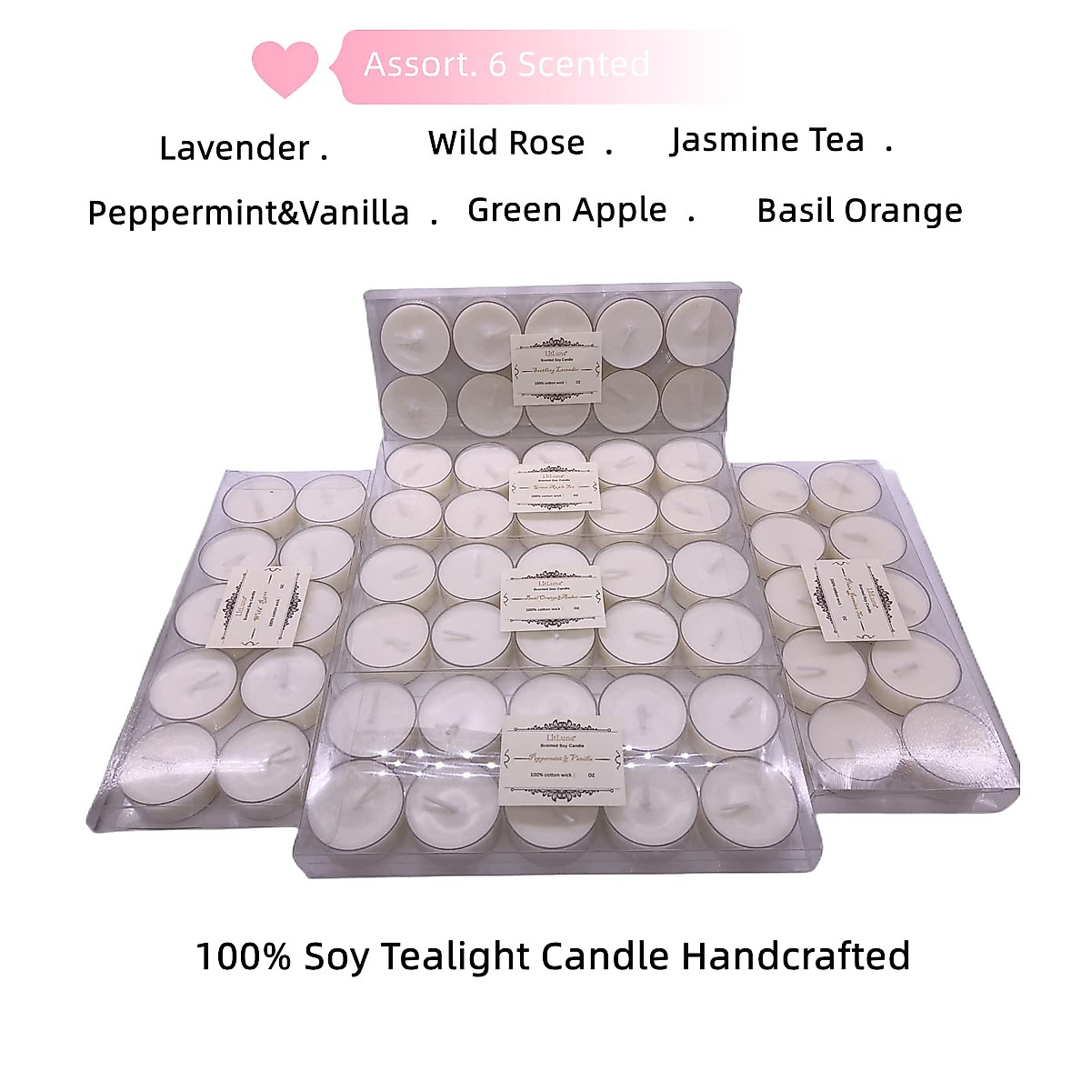 LITLUNA Soy Tealight Candles Scented w/Clear Cup- Pack 60,Assorted 6 Luxury Aromatheraphy Collect-Lavender/Rose/Jasmine Tea/Vanilla/Basil Orange/Apple, Pleasing Smell for Home,Camping,Trip