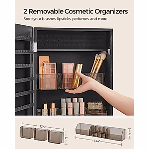 SONGMICS Mirror Jewelry Cabinet Armoire, Wall or Door Mounted Jewelry Storage, Hanging Lockable Frameless with 2 Plastic Cosmetic Organizers, Gift Idea, Black UJJC001B01