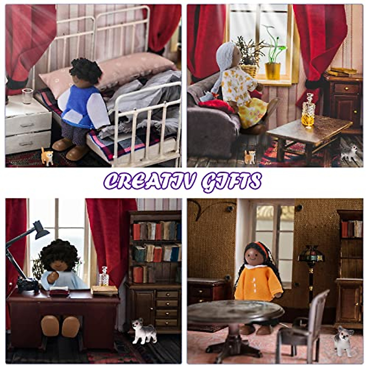 10 Pcs Wooden Dollhouse Family Set of 8 Mini People Figures and 2 Pets, Dollhouse Dolls Wooden Doll Family Pretend Play Figures Accessories for Pretend Dollhouse Toy (Cute Style)