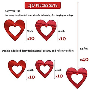 JOZON 40 Pieces Valentine's Day Glitter Heart Foil Hanging Decorations Red Hearts Hanging Ornaments Party Supplies for Indoor Outdoor Valentines Bridal Shower Anniversary Wedding Party Decorations