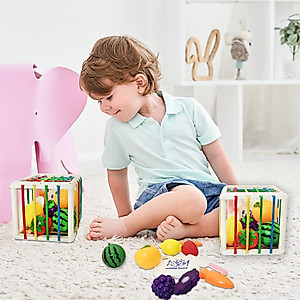 TwKueor Baby Shape Sorting Cube with Kitchen Cutting Fruit Toys, Sensory Bin with Colorful Elastic Rope for Toddlers, Babies and Kids Early Educational Montessori Learning Developmental STEM Toys