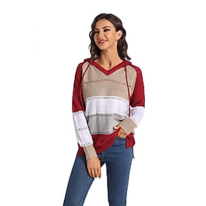 Vemodoo Women Hoodies Long Sweater Women's Color Block Knit Hoodies Sweaters V Neck Drawstring Lightweight Pullover Sweatshirts Red XX-Large