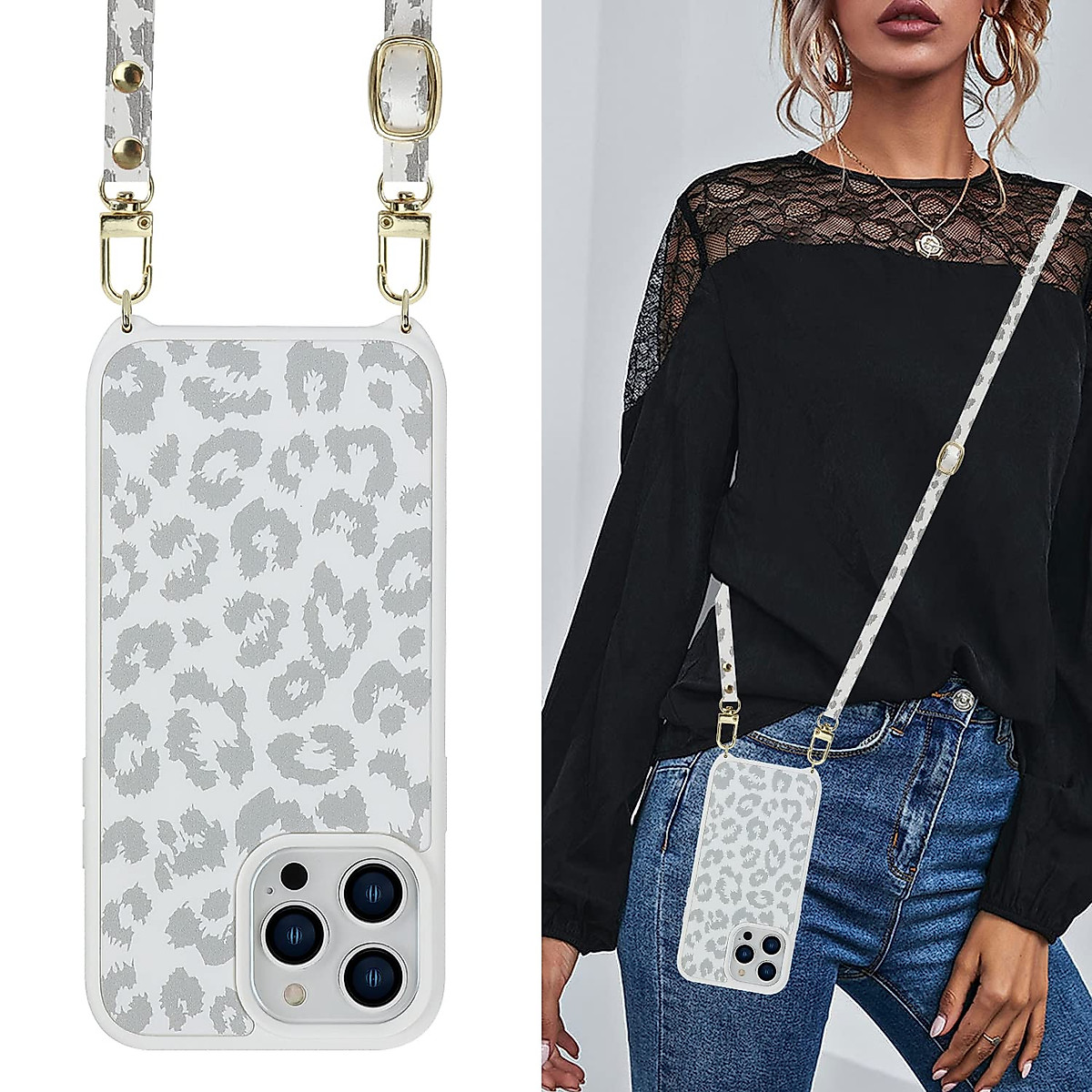 Cavor for iPhone 13 Pro Max Case,Compatible with Magsafe for Women,Crossbody Cases for iPhone 13 Pro Max with Strap Wireless Charging,Leopard Grain Full Body Shockproof Protective Case,White