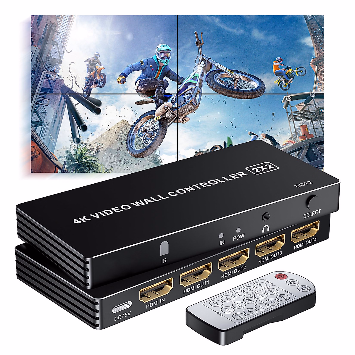 4K HDMI Video Wall Controller 2x2, LUKFOCAB Video Wall Processor with 8 Splicing Modes, 180° Rotate, 3.5mm Audio Extractor, IR Remote, 4 TV Screen into 1 Wall Display 2x2, 1x2, 1x3, 1x4, 2x1, 3x1, 4x1