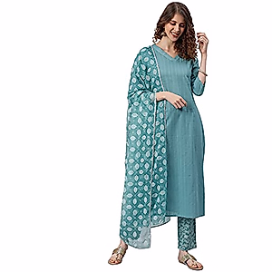 Janasya Women's Blue Cotton Kurta With Pant And Printed Dupatta