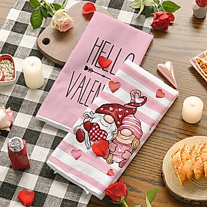 Artoid Mode Pink Stripes Gnomes Happy Valentine Kitchen Towels Dish Towels, 18x26 Inch Seasonal Valentine's Day Decoration Hand Towels Set of 2