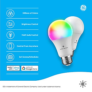 GE CYNC Smart LED Light Bulbs, Color Changing Lights, Bluetooth and Wi-Fi Lights, Works with Alexa and Google Home, A19 Light Bulbs, 2 count (Pack of 1)