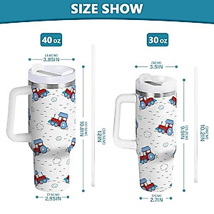 Caikeny Insulated Tumblers with Lid and Straw Cute Hand Drawn Seamless Pattern with Cartoon Trains 40 oz Reusable Stainless Steel Cup Water Bottle Coffee Travel Tumbler Mug for Women Men