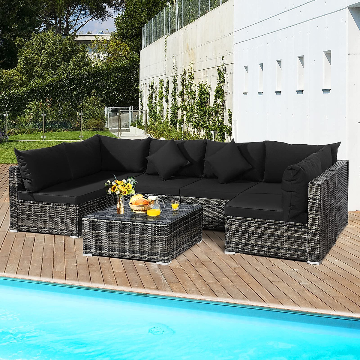 PATIOJOY 7-Piece Patio Furniture Set, Outdoor Sectional PE Rattan Sofa Set with Cushions and Tempered Glass Coffee Table, All-Weather Conversation Set for Backyard (Black)