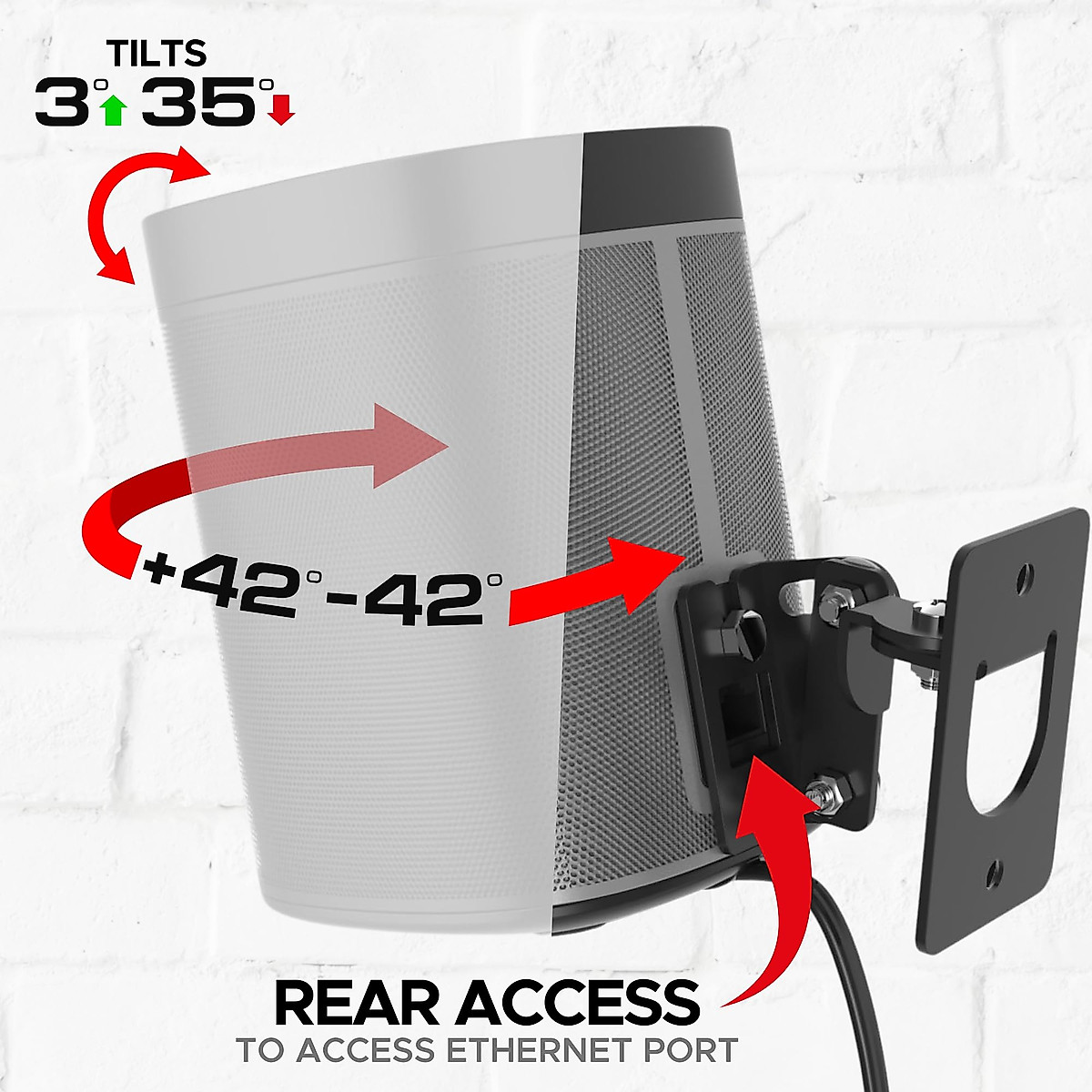 Play 1 Wall Mount, Black, Pair, Compatible with Sonos Play:1 Only, Twin Pack, Adjustable Swivel & Tilt Mechanism, 2 Mounting Brackets Includes All Fixings