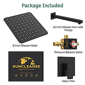 SunCleanse Matte Black Shower Faucet Set with Valve, Bathroom Shower System Included Stainless Steel Metal Rainfall Shower Head and Extra Long Shower Arm