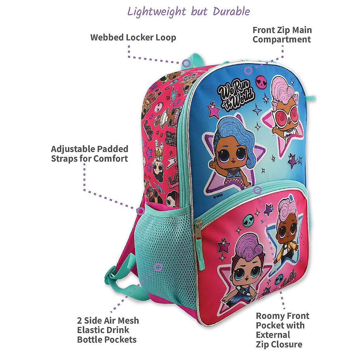 L.O.L. Surprise! Dolls Girls 16" Backpack 5 piece School Set (One Size, Blue/Pink)