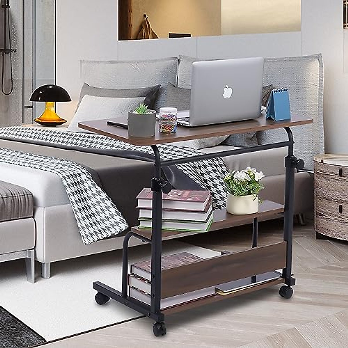 Portable Desk Small Desks for Small Spaces Laptop Table Brown Rolling Adjustable Desk on Wheels Mobile Couch Desk for Bedroom Home Office Computer Standing Desk Student Desk with Storage 32x16 Inch