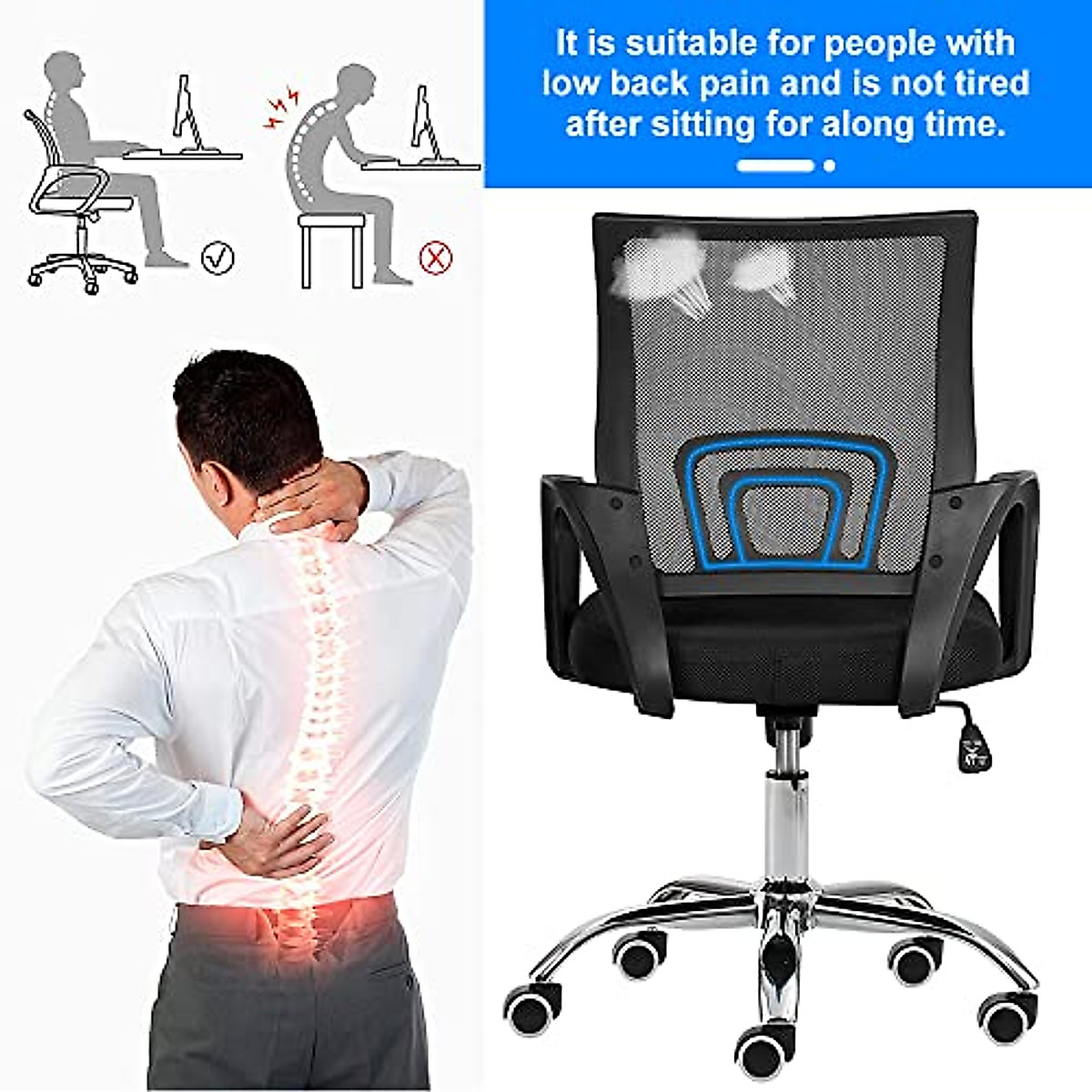 YKCUL 2 pcs Home Office Desk Chairs for Bedroom Office Swivel Chair Ergonomic Desk Chair with Arms Mesh Computer Desk Chairs for Adults Adjustable Mid Back Task Chair with Lumbar Support, Black