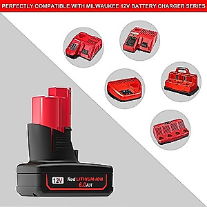 WORTHMAH 2 Packs 12Volts 6.0Ah Replacement for Milwaukee M12 Lithium-ion Battery, Compatible with All Milwaukee 12V M12 Battery Charger and Power Tools.