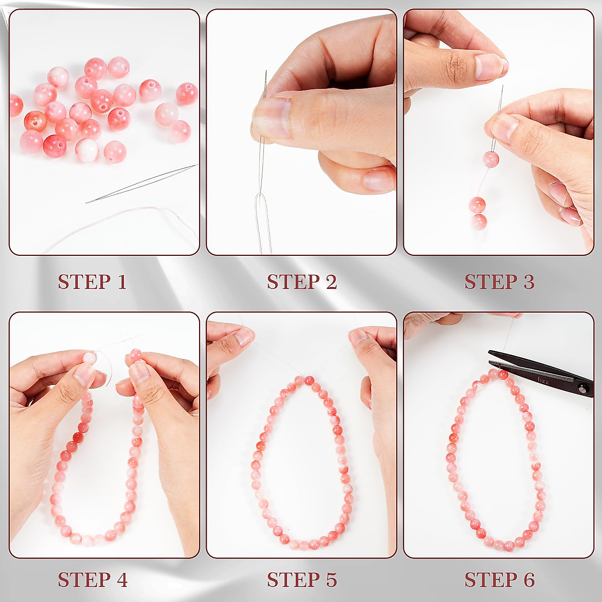 Ecally Natural Gemstone Beads for Jewelry Making, Pink Crystals Marbles Kit,8 mm Marble Beads,45 PCS Round Beads, Crystal Beads for Bracelets Making Bead Cord Needles, Adult (Pink White)