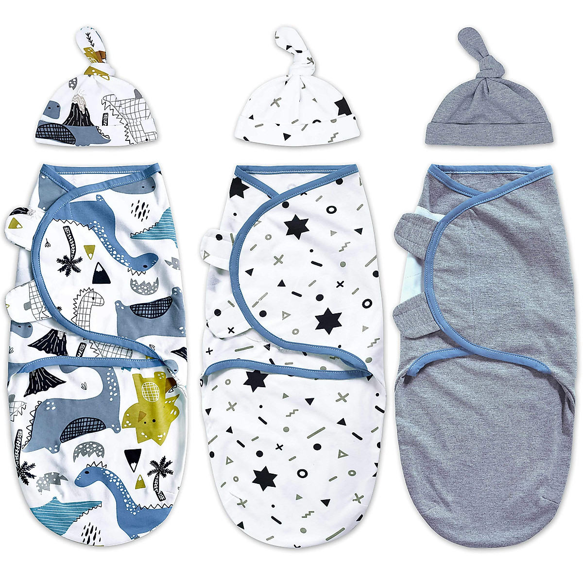 SEZUO Boys Swaddle Set, Large, 3pcs Wrap Blankets with 3pcs Baby Cotton Caps,3-6 Months (Doodle Dinosaur)