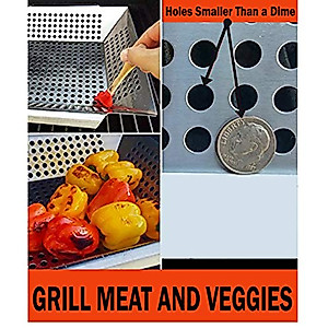 Professional Grade Stainless Steel Grill Basket, BBQ Accessories, Meats, Vegetables, Seafood, Pizza, Kabob. Fits Charcoal, Gas Grills Camping Cookware Grill Tool Gift for Dad