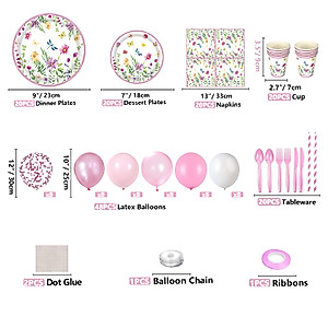 212 Pack Spring Wildflower Birthday Party Decorations Floral Tableware Plates Balloons Backdrop Set Wildflower Dinnerware Party Favor for Birthday Bridal Garden Tea Party Serves 20