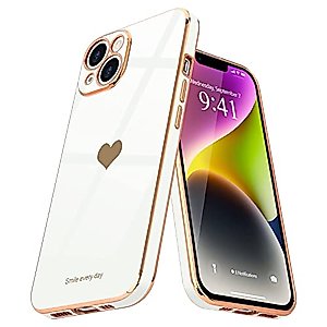 Teageo for iPhone 14 Plus Case for Women Girl Cute Love Heart Luxury Plating Soft Bling Back Cover Raised Full Camera Protection Bumper Silicone Shockproof Phone Case for iPhone 14 Plus, White