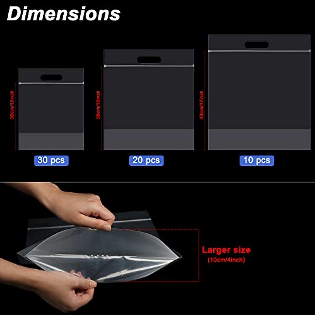 Clear Zipper Storage Bags Plastic Zipper Bags Transparent Zip Plastic Bags Expandable Bottom Bag with Carry Handle for Holding Clothes Food Craft (60 Pieces,12 x 12 Inch, 15 x 15 Inch, 17 x 17 Inch)