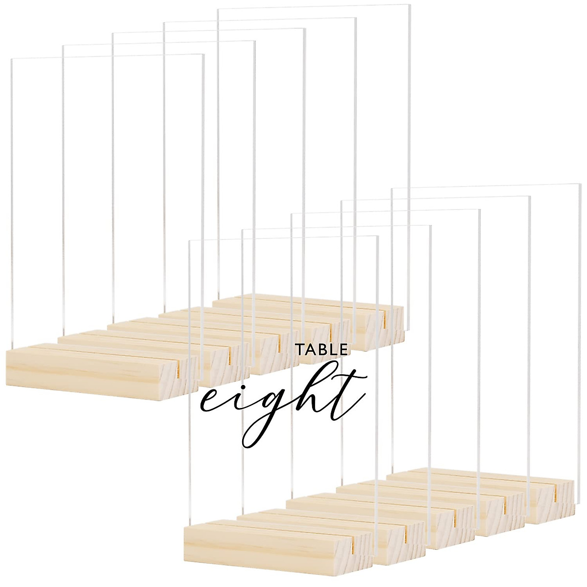 JINMURY 5x7 Inch Clear Acrylic Sign with Wood Base-10 Pack Blank Clear 5x7 Acrylic Sheets and Wood Stand, DIY Blank Acrylic Sign for Acrylic Table Numbers Wedding Table Signs