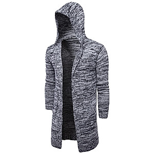 Maiyifu-GJ Men Long Knitted Cardigan Sweater Casual Lightweight Open Front Hooded Sweaters Slim Fit Knit Hoodies Sweatshirts (Grey,XX-Large)
