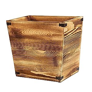 Grey Farmhouse Style Torched Wood Trash Can Waste Bin with Decorative Metal Brackets Trash Can for Bedroom,Living Room, Bathroom & Office (Brown)
