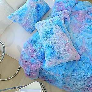 MOOWOO Plush Shaggy Comforter, Twin Luxury Ultra Soft Crystal Velvet Bedding Sets 2 Pieces (1 Faux Fur Comforter + 1 Faux Fur Pillow Cases), Colorful Blue