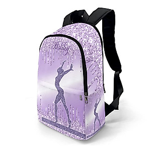 Personalized Name Violet Purple Glitter Print Girls Gymnastics Backpack Unisex Bookbag for Boy Girl Travel Daypack Bag Purse 17.7 IN