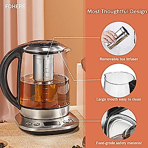 Electric Kettle with Temperature Control and Tea Infuser, FOHERE 1.7L Electric Tea Kettle, Glass and Stainless Steel Hot Tea Water Kettle, 2Hr Keep Warm, 6 Presets for Herbal, Green, Coffee, Black