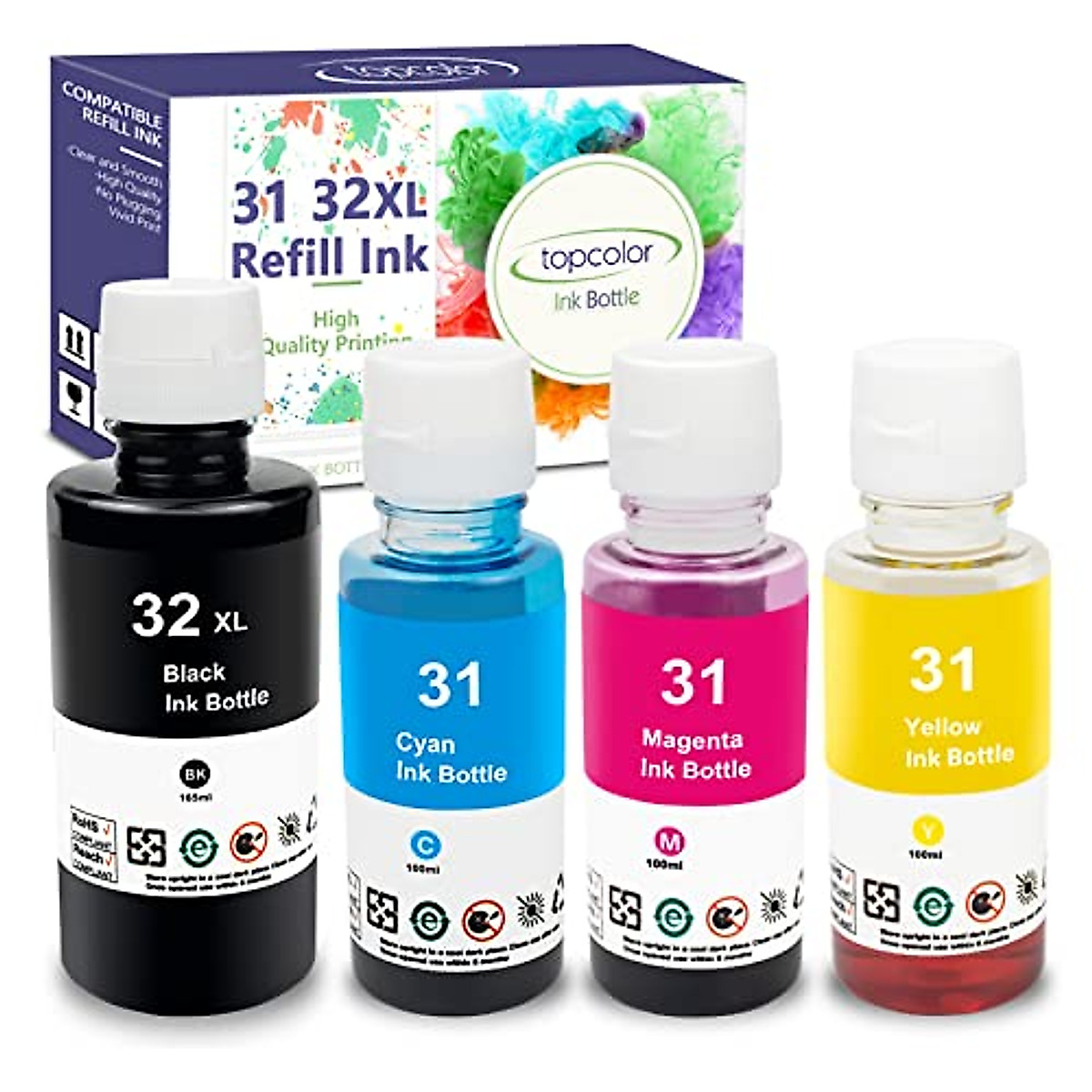 Topcolor Compatible Ink Bottle Replacement for HP 31 32XL Ink for HP Smart-Tank 7301 6001 7602 5101 7001 Plus 551 651 455 457 450 All-in-One Ink-Tank Printer, 165mL Black, 100mL Cyan Magenta Yellow