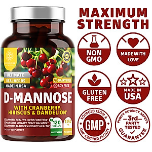 Number One Nutrition Premium D Mannose with Cranberry and Hibiscus [Max Strength, 1350mg] Naturally Supports Urinary Tract Health, Flush Impurities and Bladder Health, 120 Veg Caps