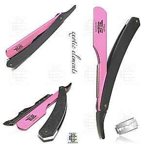 Pink and Black Barbershop Professional and Personal Straight Edge Razor Hair Shaving Double Edge Blade – Unisex All Purpose Folding Shaving Razor in Lightweight Steel
